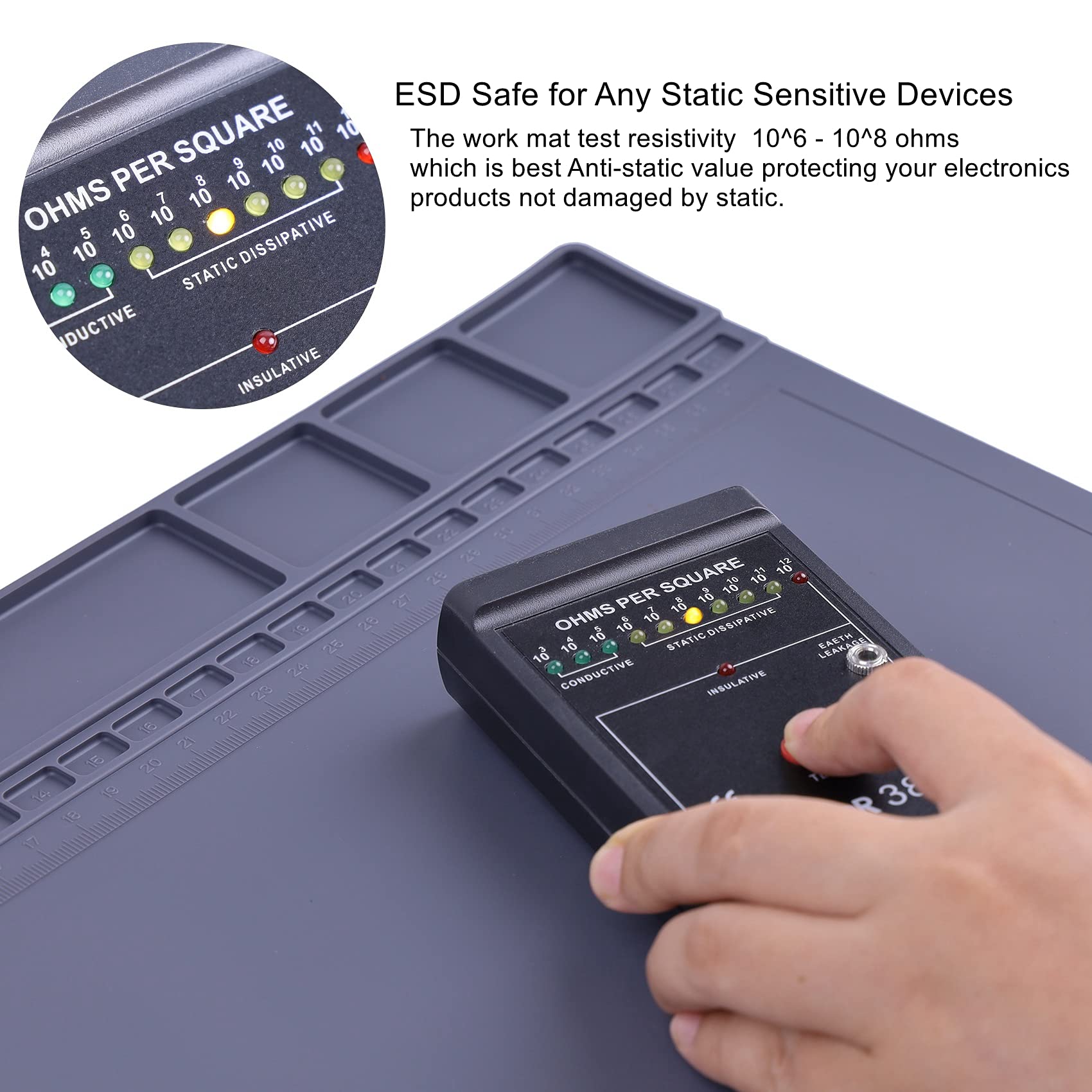 Anti-Static Mat ESD Safe for Electronic Includes ESD Wristband and Grounding Wire, HPFIX Silicone Soldering Repair Mat 932°F Heat Resistant for iPhone iPad iMac, Laptop, Computer, 15.9” x 12” Grey