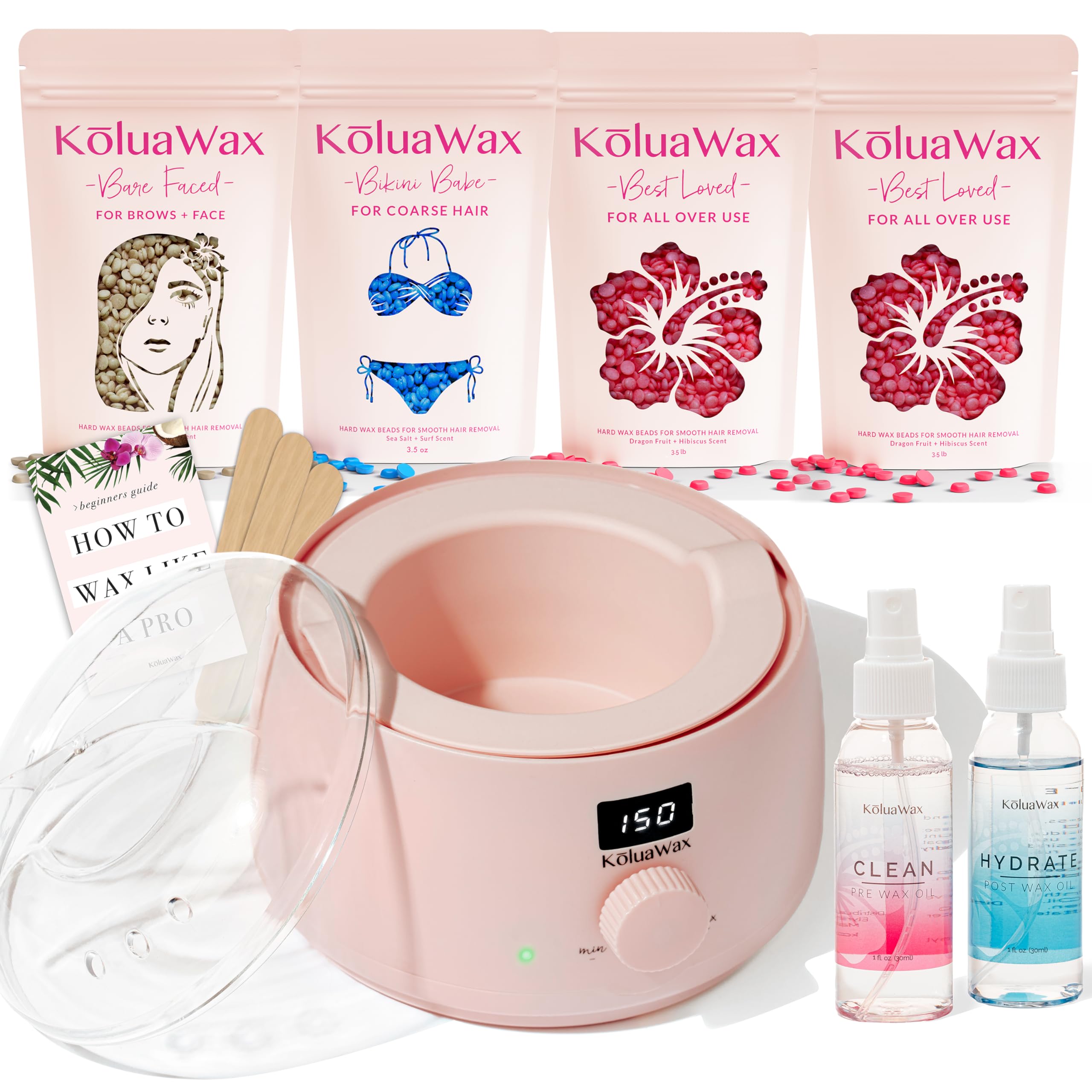 KoluaWax Premium Waxing Kit for Women - Hot Melt Hard Wax Warmer for Hair Removal, Eyebrow, Bikini, Legs, Face, Brazilian Wax - Machine, 4-Pack Beads, Accessories, Blush