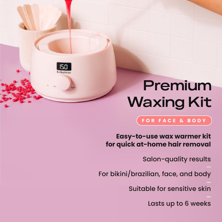 KoluaWax Premium Waxing Kit for Women - Hot Melt Hard Wax Warmer for Hair Removal, Eyebrow, Bikini, Legs, Face, Brazilian Wax - Machine, 4-Pack Beads, Accessories, Blush