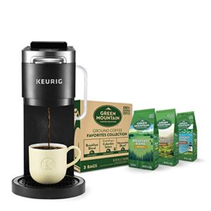 keurig k-duo plus coffee maker, single serve k-cup pod and 12 cup carafe brewer, with green mountain ground coffee favorites collection, 12 oz bagged, 3 count