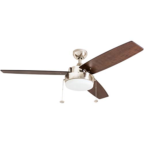 Prominence Home Statham, 52 Inch Contemporary Indoor LED Ceiling Fan with Light, Pull Chain, Dual Mounting Options, Modern Dual Finish Blades, Reversible Motor - 51019-01 (Brushed Nickel)