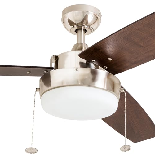 Prominence Home Statham, 52 Inch Contemporary Indoor LED Ceiling Fan with Light, Pull Chain, Dual Mounting Options, Modern Dual Finish Blades, Reversible Motor - 51019-01 (Brushed Nickel)