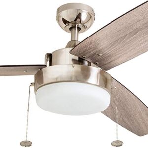 Prominence Home Statham, 52 Inch Contemporary Indoor LED Ceiling Fan with Light, Pull Chain, Dual Mounting Options, Modern Dual Finish Blades, Reversible Motor - 51019-01 (Brushed Nickel)