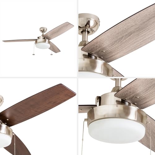 Prominence Home Statham, 52 Inch Contemporary Indoor LED Ceiling Fan with Light, Pull Chain, Dual Mounting Options, Modern Dual Finish Blades, Reversible Motor - 51019-01 (Brushed Nickel)