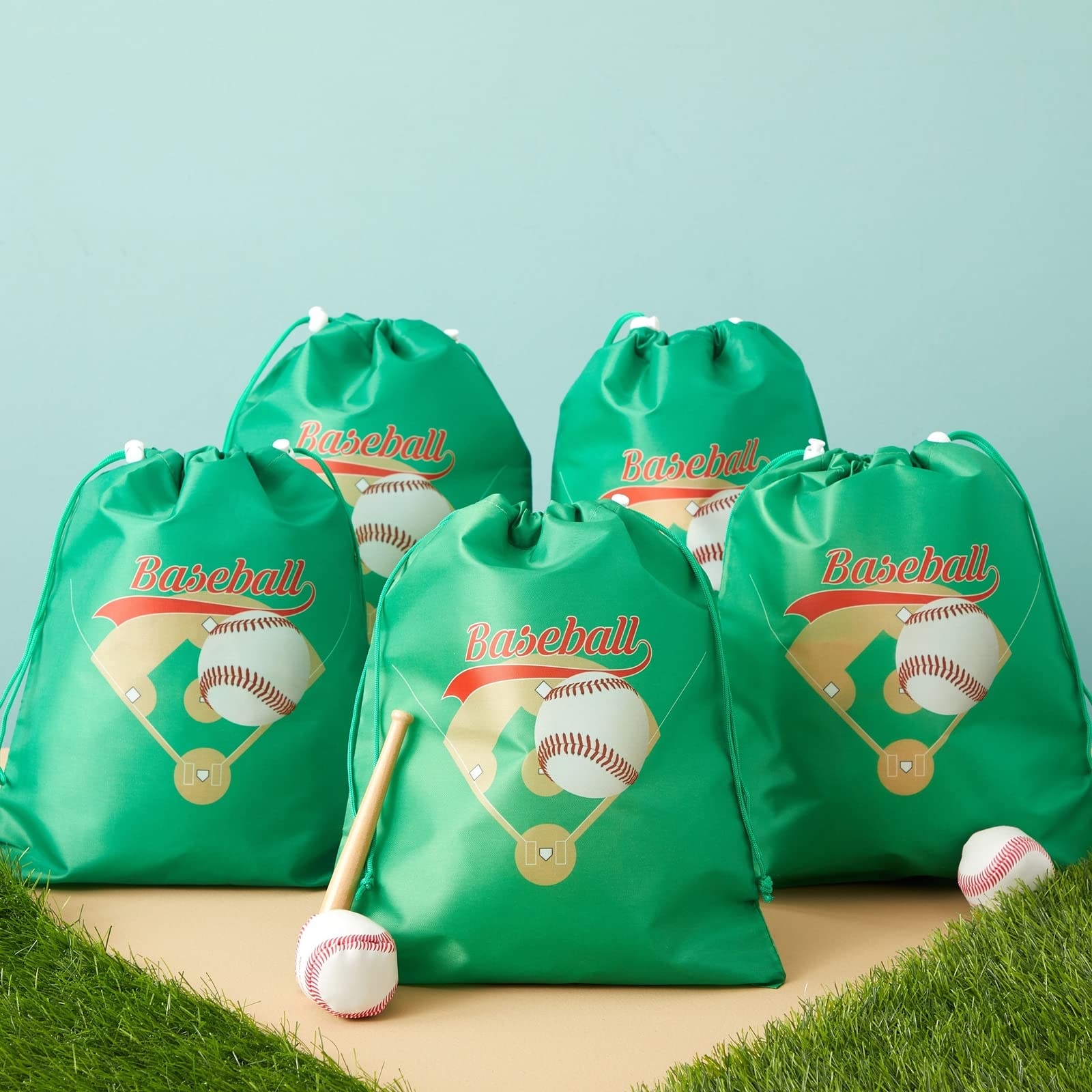 BLUE PANDA 12 Pack of Baseball Party Favor Bags, Drawstring Pouches for Birthday, Baby Shower, Sports Party (12 x 10 In)