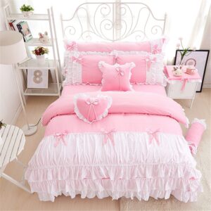 Lotus Karen Shaggy Chic Ruffle 3-Piece Duvet Cover Set- Soft Cotton Girls Bedding with Cute Bow-Knots-Sweet Pink Princess Bed Set Full Size(1Duvet Cover/2Pillowcases)