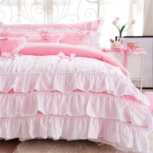 Lotus Karen Shaggy Chic Ruffle 3-Piece Duvet Cover Set- Soft Cotton Girls Bedding with Cute Bow-Knots-Sweet Pink Princess Bed Set Full Size(1Duvet Cover/2Pillowcases)