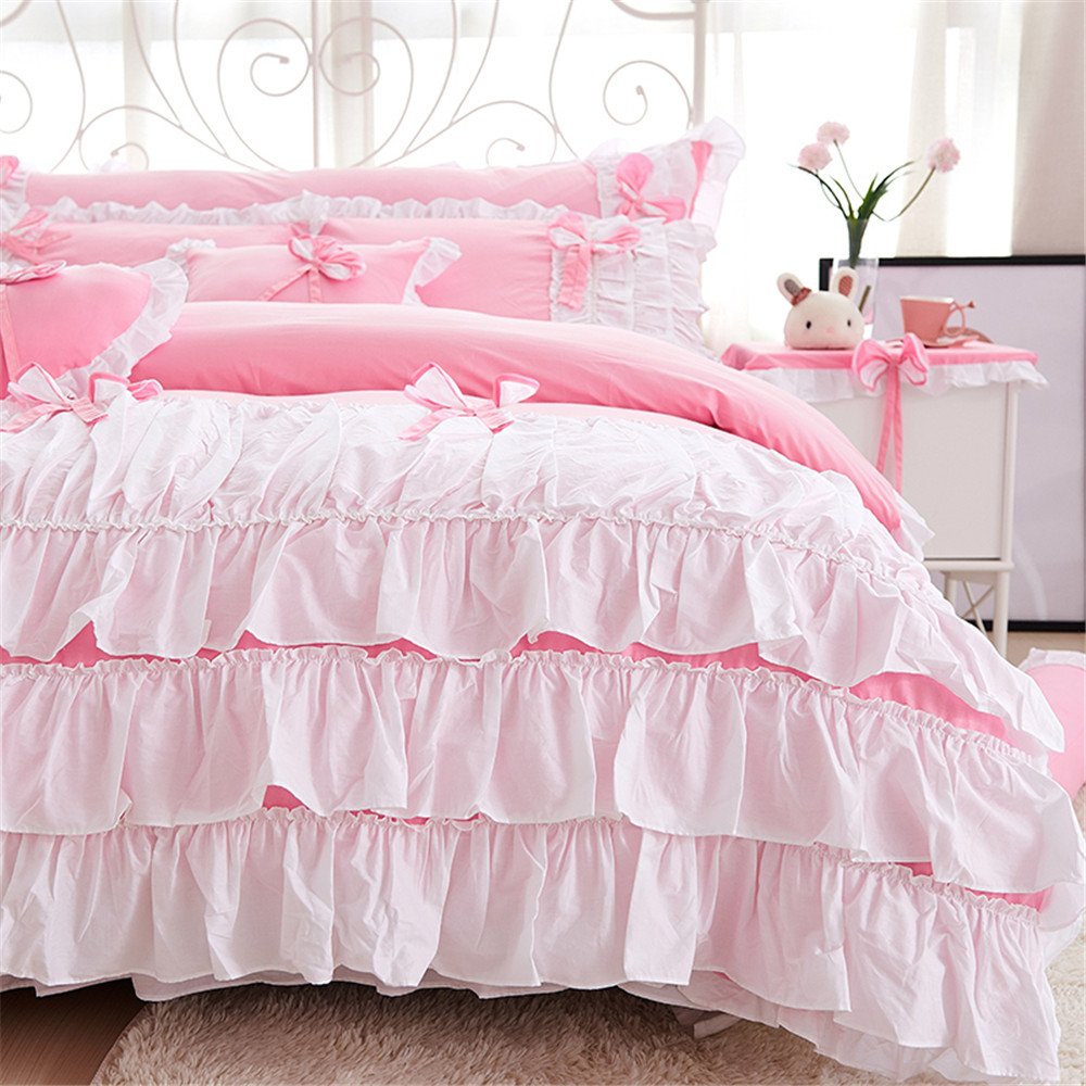 Lotus Karen Shaggy Chic Ruffle 3-Piece Duvet Cover Set- Soft Cotton Girls Bedding with Cute Bow-Knots-Sweet Pink Princess Bed Set Full Size(1Duvet Cover/2Pillowcases)