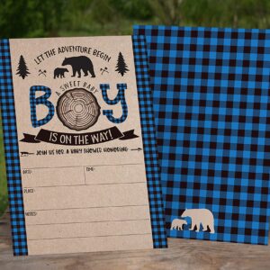 Your Main Event Prints Blue Lumberjack Baby Shower Invitations, Boy Baby Shower Invitations, Mama Bear Baby Shower Invites, Woodland Baby Shower Invitations, 20 Fill in Invitations and Envelopes