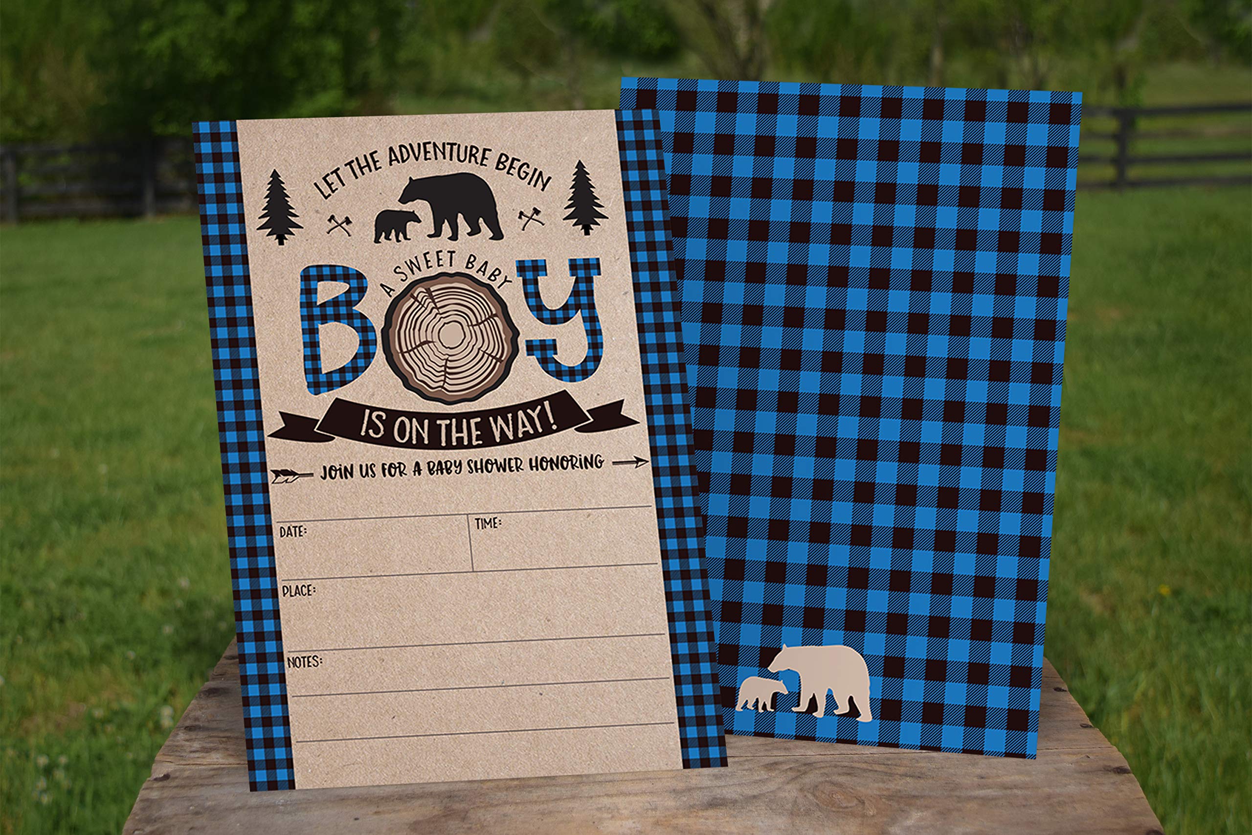 Your Main Event Prints Blue Lumberjack Baby Shower Invitations, Boy Baby Shower Invitations, Mama Bear Baby Shower Invites, Woodland Baby Shower Invitations, 20 Fill in Invitations and Envelopes