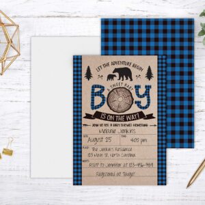 Your Main Event Prints Blue Lumberjack Baby Shower Invitations, Boy Baby Shower Invitations, Mama Bear Baby Shower Invites, Woodland Baby Shower Invitations, 20 Fill in Invitations and Envelopes