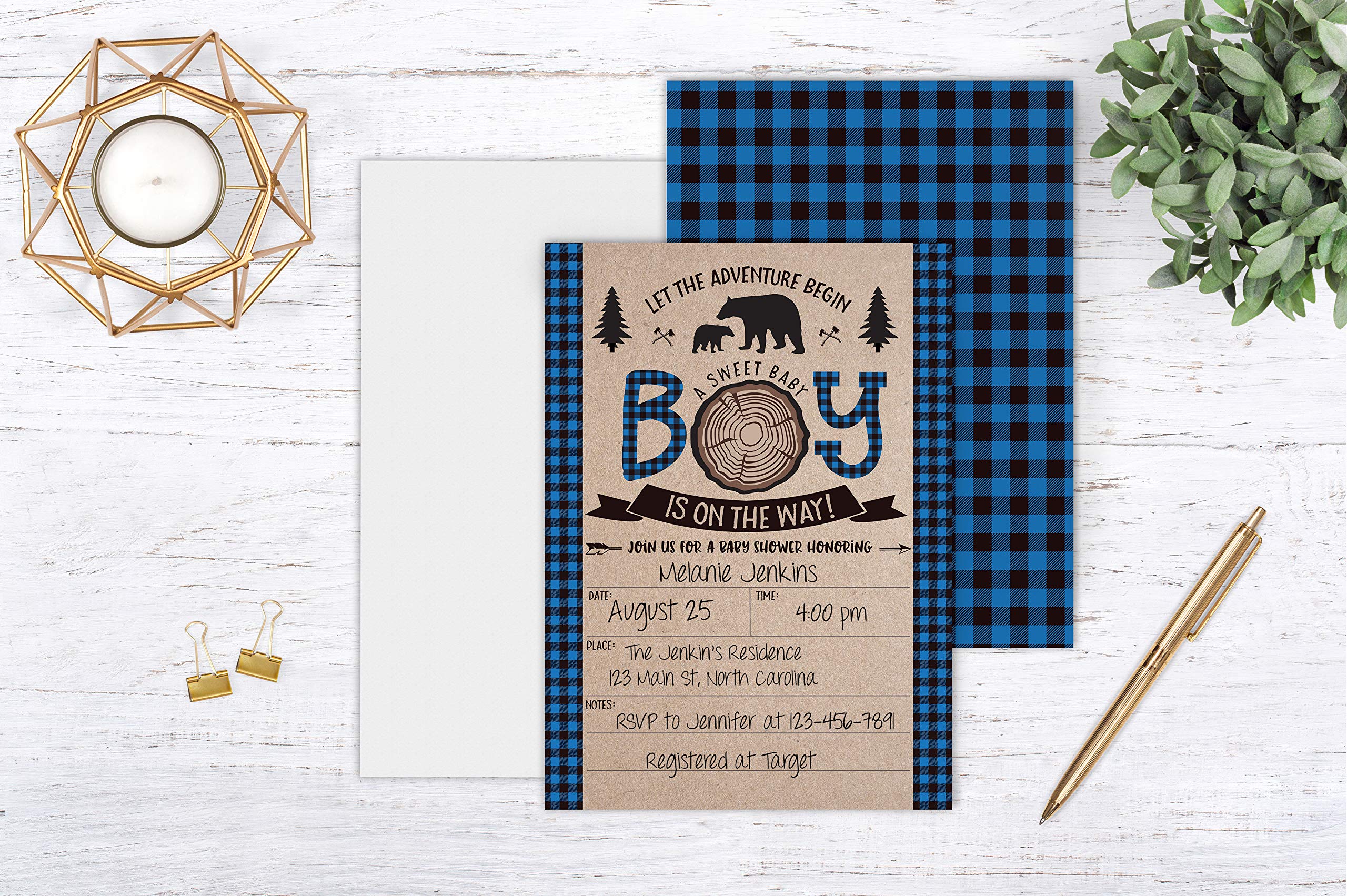 Your Main Event Prints Blue Lumberjack Baby Shower Invitations, Boy Baby Shower Invitations, Mama Bear Baby Shower Invites, Woodland Baby Shower Invitations, 20 Fill in Invitations and Envelopes