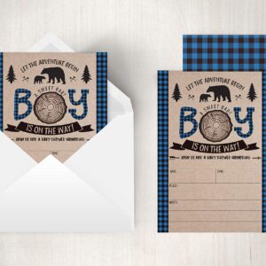 Your Main Event Prints Blue Lumberjack Baby Shower Invitations, Boy Baby Shower Invitations, Mama Bear Baby Shower Invites, Woodland Baby Shower Invitations, 20 Fill in Invitations and Envelopes