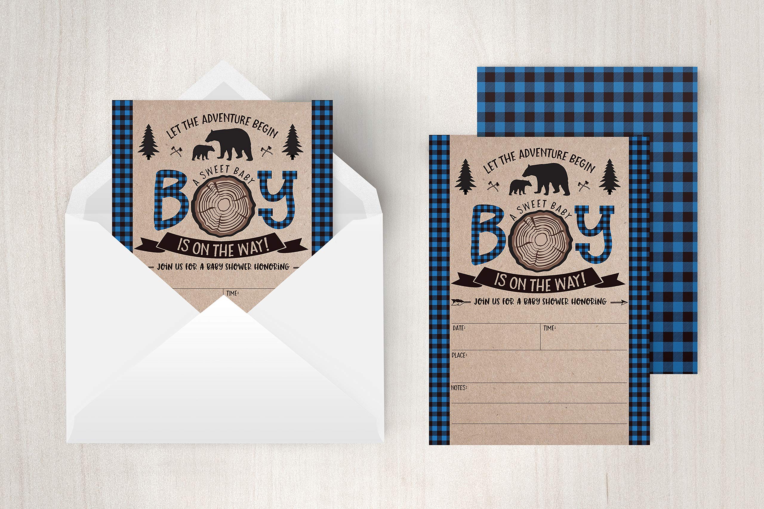 Your Main Event Prints Blue Lumberjack Baby Shower Invitations, Boy Baby Shower Invitations, Mama Bear Baby Shower Invites, Woodland Baby Shower Invitations, 20 Fill in Invitations and Envelopes