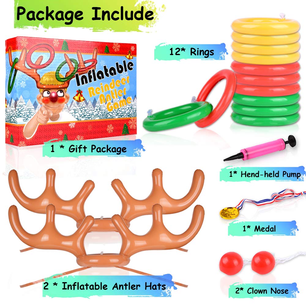 2 Set Inflatable Reindeer Antler Game (2 Reindeer Antler Hat with 12 Ring Toss, 2 Red Reindeer Nose, 1 Medal and 1 Hand-held Pump) Great Family Christmas Party Games