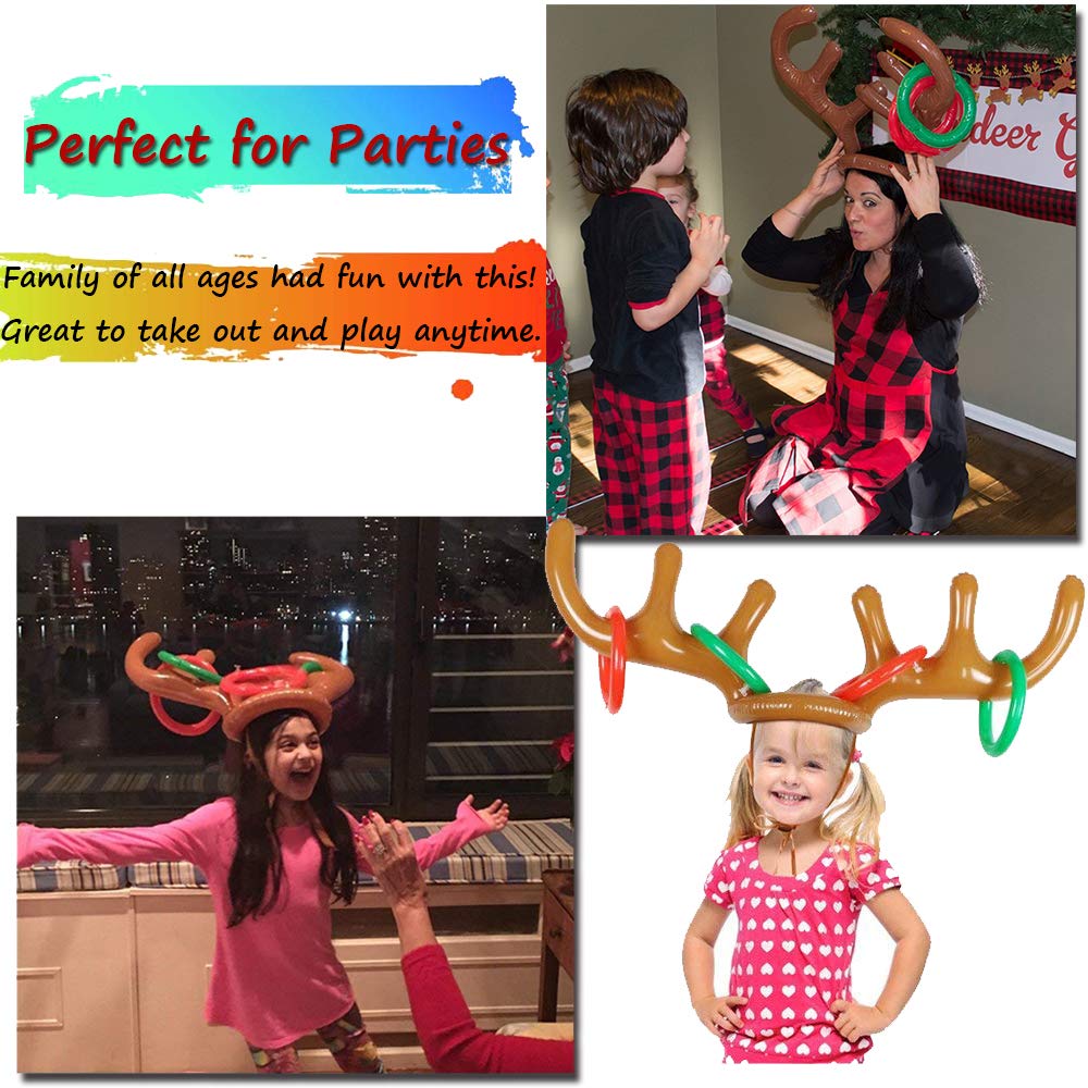 2 Set Inflatable Reindeer Antler Game (2 Reindeer Antler Hat with 12 Ring Toss, 2 Red Reindeer Nose, 1 Medal and 1 Hand-held Pump) Great Family Christmas Party Games