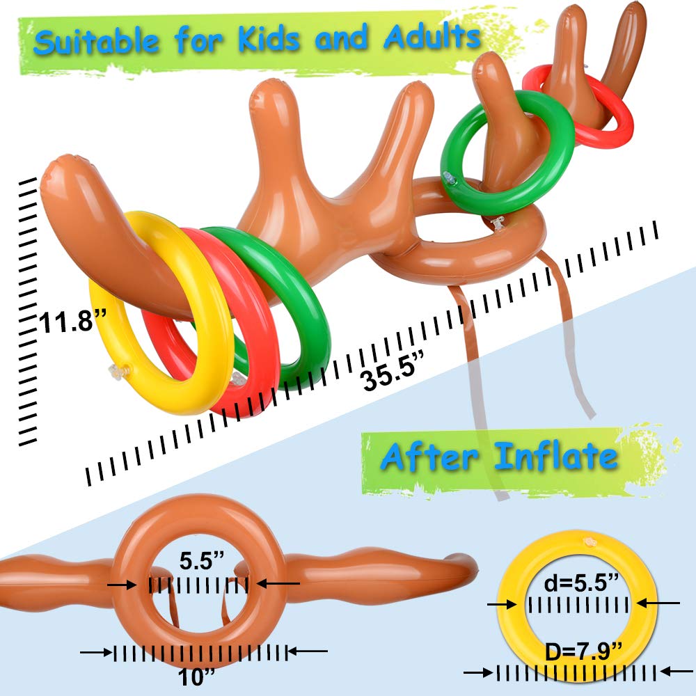 2 Set Inflatable Reindeer Antler Game (2 Reindeer Antler Hat with 12 Ring Toss, 2 Red Reindeer Nose, 1 Medal and 1 Hand-held Pump) Great Family Christmas Party Games