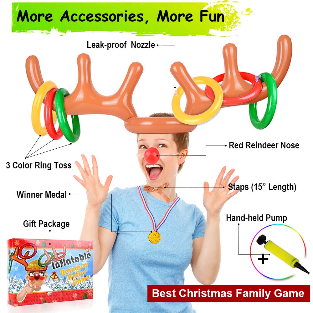 2 Set Inflatable Reindeer Antler Game (2 Reindeer Antler Hat with 12 Ring Toss, 2 Red Reindeer Nose, 1 Medal and 1 Hand-held Pump) Great Family Christmas Party Games