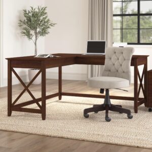 Bush Furniture Key West 60W Modern Farmhouse L Shaped Desk in Bing Cherry | 60-Inch Corner Table for Home Office