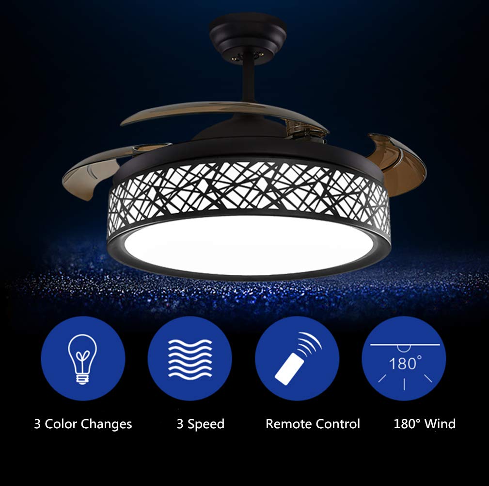 Fandian 42In Modern Ceiling Fan with Lights Remote Control Chandelier Lighting Fixtures Silent Retractable Blades, 3 Light Colors, Black Bird Nest Fandelier for Living Room, Bedroom