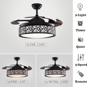 Fandian 42In Modern Ceiling Fan with Lights Remote Control Chandelier Lighting Fixtures Silent Retractable Blades, 3 Light Colors, Black Bird Nest Fandelier for Living Room, Bedroom