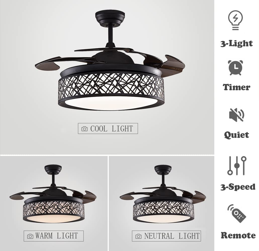 Fandian 42In Modern Ceiling Fan with Lights Remote Control Chandelier Lighting Fixtures Silent Retractable Blades, 3 Light Colors, Black Bird Nest Fandelier for Living Room, Bedroom