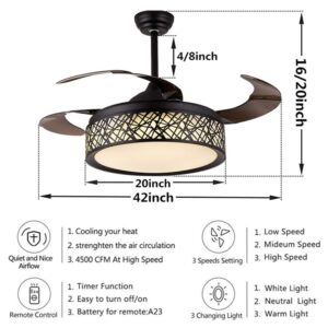 Fandian 42In Modern Ceiling Fan with Lights Remote Control Chandelier Lighting Fixtures Silent Retractable Blades, 3 Light Colors, Black Bird Nest Fandelier for Living Room, Bedroom