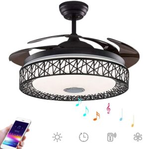 senhome 42 inch ceiling fan with light and remote led three-light retractable blades with bluetooth speaker music ceiling light for living room/restaurant/hall