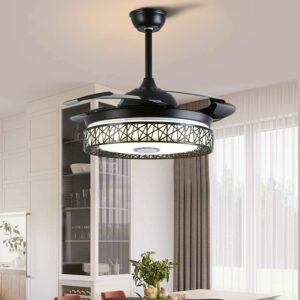 SenHome 42 Inch Ceiling Fan with Light and Remote LED Three-Light Retractable Blades with Bluetooth Speaker Music Ceiling Light for Living room/Restaurant/Hall