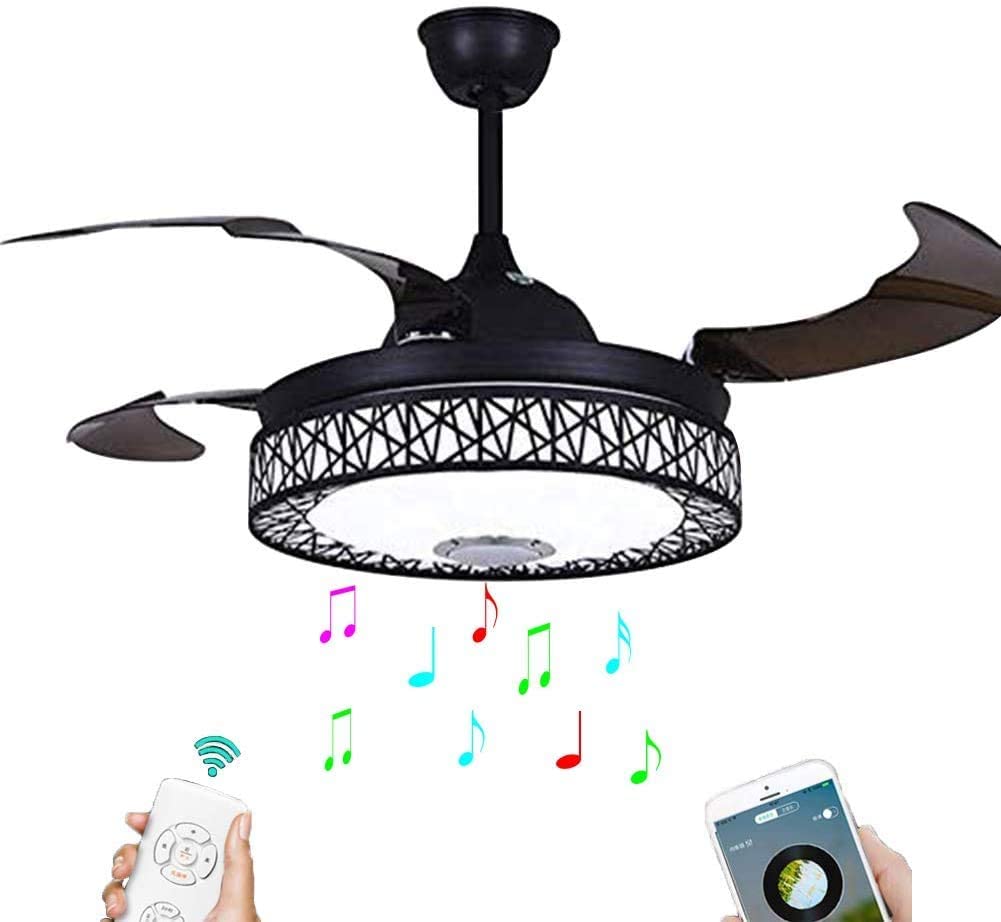 SenHome 42 Inch Ceiling Fan with Light and Remote LED Three-Light Retractable Blades with Bluetooth Speaker Music Ceiling Light for Living room/Restaurant/Hall