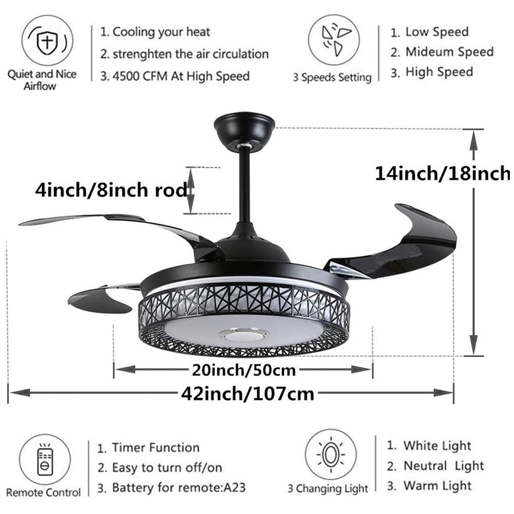 SenHome 42 Inch Ceiling Fan with Light and Remote LED Three-Light Retractable Blades with Bluetooth Speaker Music Ceiling Light for Living room/Restaurant/Hall