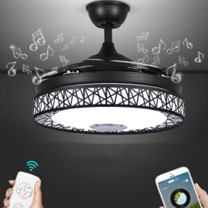 SenHome 42 Inch Ceiling Fan with Light and Remote LED Three-Light Retractable Blades with Bluetooth Speaker Music Ceiling Light for Living room/Restaurant/Hall