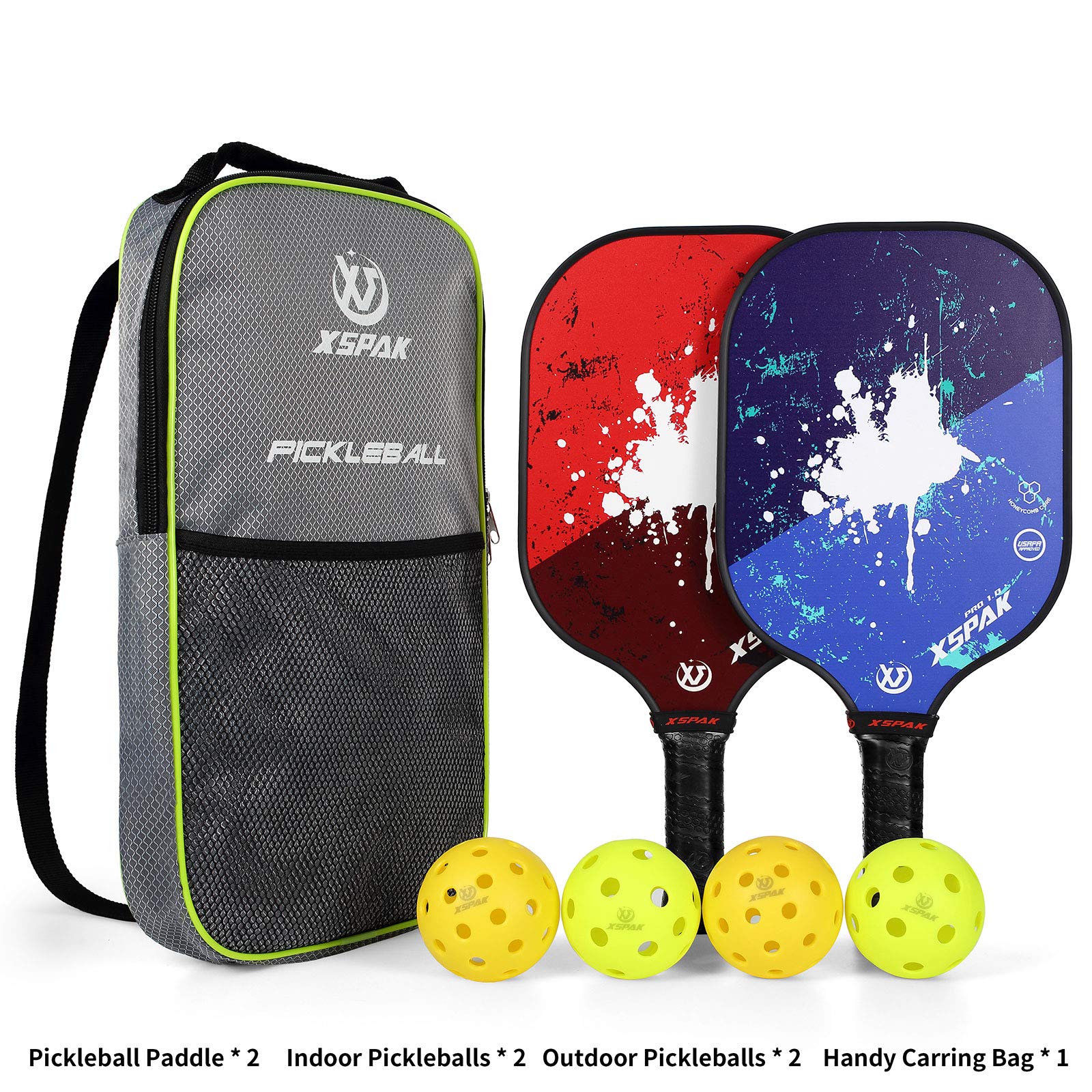 XS XSPAK Pickleball Paddles Set of 2, USAPA Graphite Pickleball Rackets Set Including Bag, 4 Pickleball Balls, Feature Premium Graphite Face and Polypropylene Honeycomb Core, Lightweight Pickleball