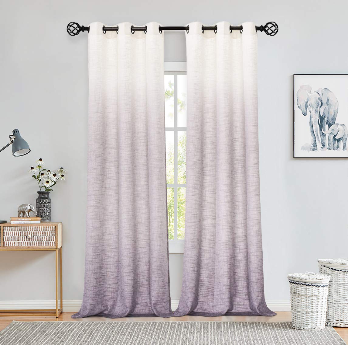 Central Park Ombre Semi Sheer Window Curtain Panel Linen Gradient Print on Rayon Blend Fabric Drapery Treatments for Living Room/Bedroom, Cream White to Lavender Purple, 40" x 84", Set of 2