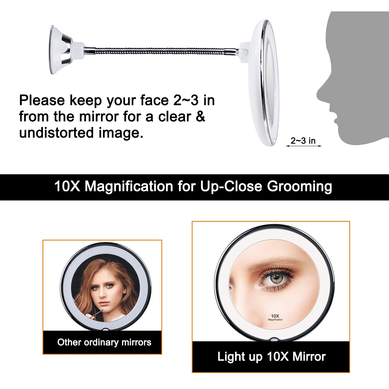 10x Magnifying Mirror with Light, Flexible Gooseneck Make up Mirror with Lights and Magnification, Battery Operated Cordless Magnified Mirror with Suction Cups for Wall Bathroom