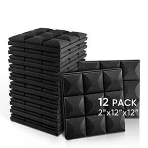 fstop labs acoustic foam panels, 12 pack black 2'' x 12" x 12" mushroom studio wedge tiles, sound panels sound proof foam panels sound proofing padding for wall