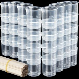 leobro 50ml/1.7oz epoxy mixing cups, 38pcs graduated epoxy resin cups, resin mixing cups, beaker, pouring cup, plastic measuring cup for resin, epoxy, acrylic paint, with 40 pcs wood craft sticks