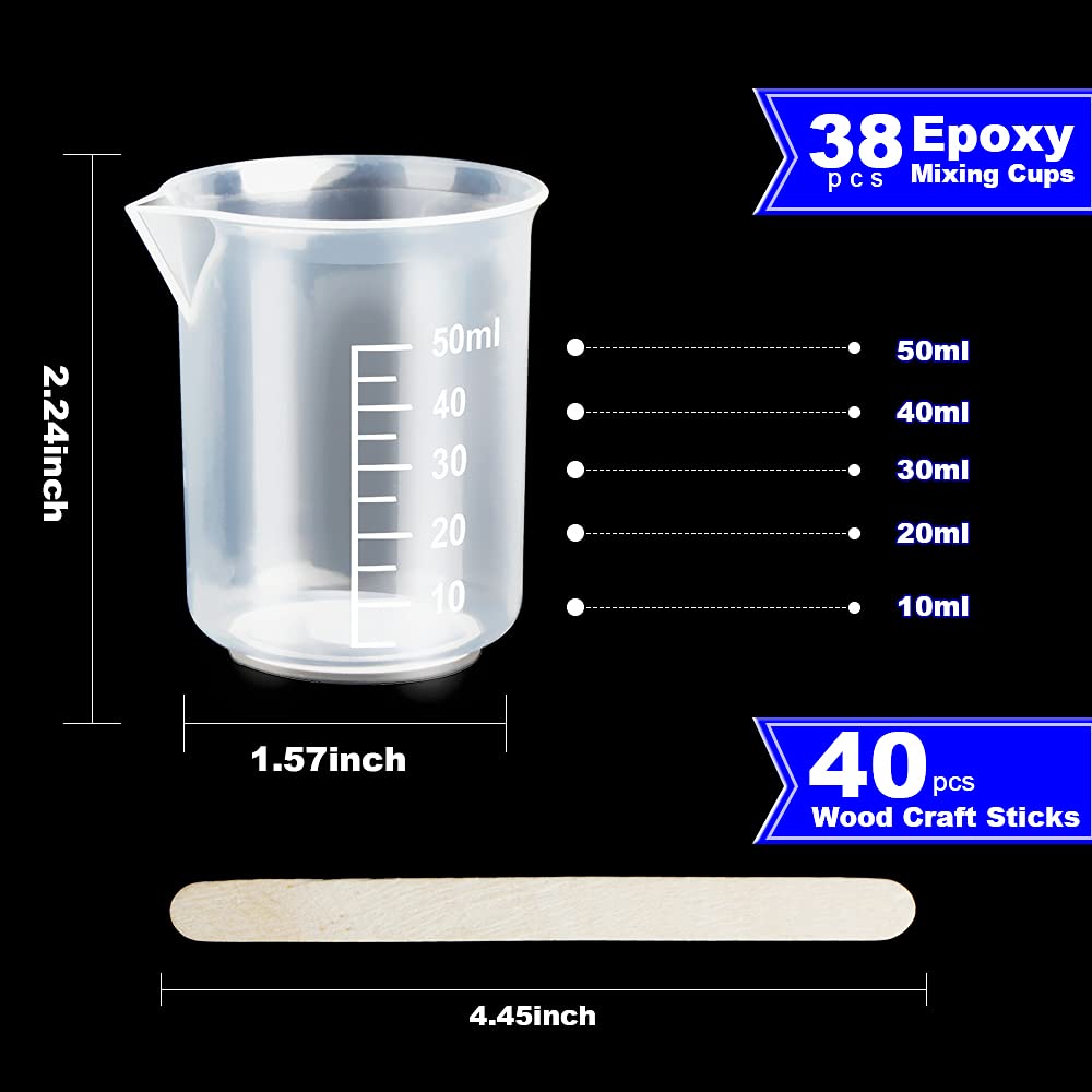 LEOBRO 50ml/1.7oz Epoxy Mixing Cups, 38PCS Graduated Epoxy Resin Cups, Resin Mixing Cups, Beaker, Pouring Cup, Plastic Measuring Cup for Resin, Epoxy, Acrylic Paint, with 40 PCS Wood Craft Sticks