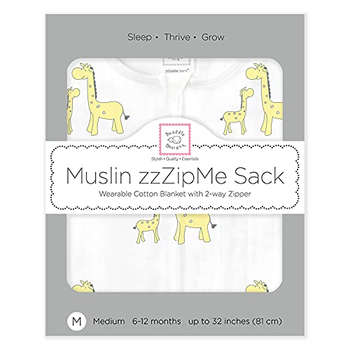 SwaddleDesigns Cotton Muslin Sleeping Sack, Mommy & Baby Giraffe, Yellow, Medium 6-12 Months, Wearable Blanket with 2-way Zipper