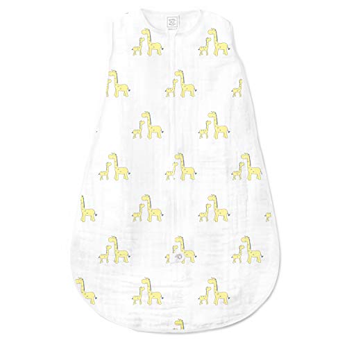 SwaddleDesigns Cotton Muslin Sleeping Sack, Mommy & Baby Giraffe, Yellow, Medium 6-12 Months, Wearable Blanket with 2-way Zipper