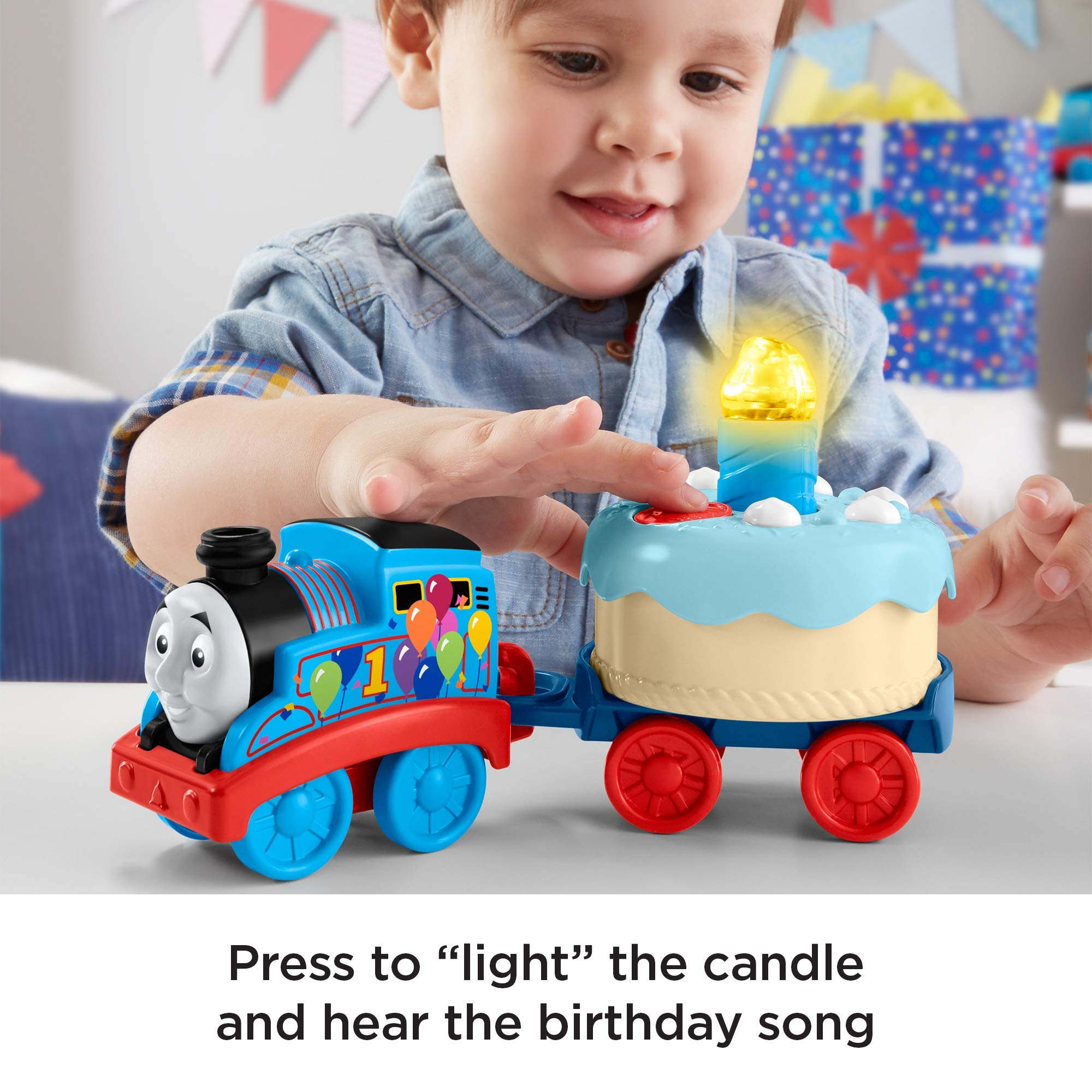 Thomas & Friends Fisher-Price Birthday Wish Thomas, Musical Push-Along Toy Train Engine with Light-up Birthday Cake for Toddlers and preschoolers Ages 12 Months & Older