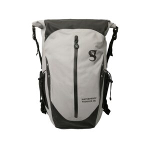 geckobrands paddler waterproof 45l backpack, large dry bag with padded shoulder straps, waist strap, chest strap, grey