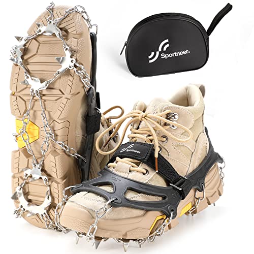 Crampons Ice Cleats, Sportneer Snow Cleats for Shoes and Boots Ice Shoes Grippers with 19 Stainless Steel Spikes Crampons for Hiking Boots Women Men Hiking Fishing Walking