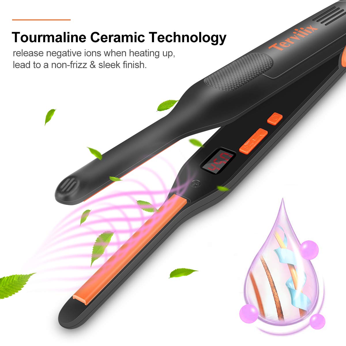 Terviiix Small Flat Iron for Short Hair, Temperature Adjustable Pencil Flat Iron Fast Heat Up, 3/10 Inch Beard Straightening Iron Dual Voltage with Tourmaline Ceramic Plates, Auto Shut Off