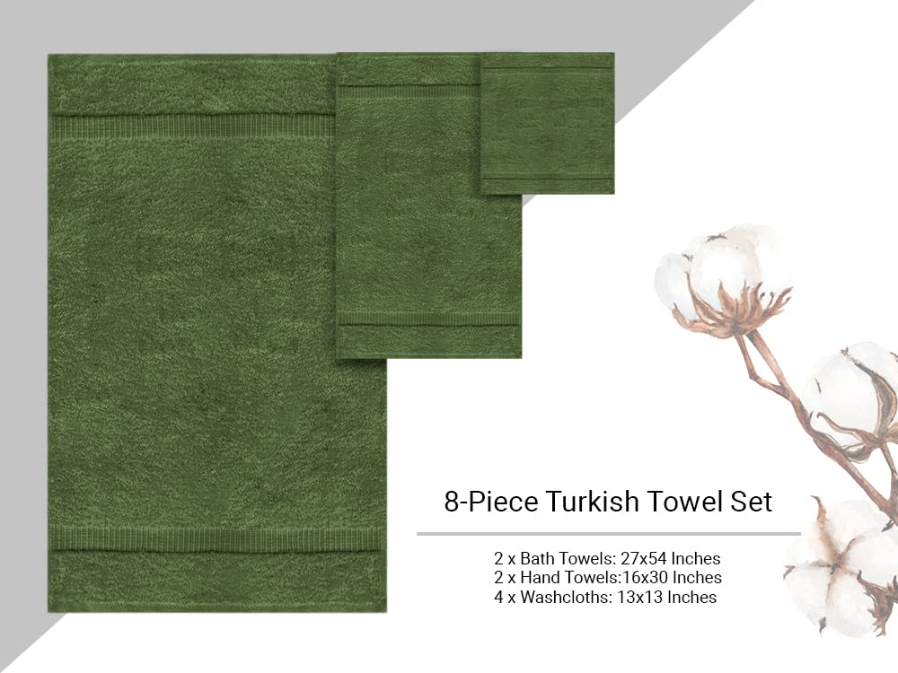 Towel Bazaar Premium Turkish Cotton Super Soft and Absorbent Towels (8-Piece Towel Set, Moss Green)