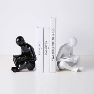 ardax ceramic reading bookend 1 pair, decorative figurine accent piece for home,office,table and desk decor (white and black)