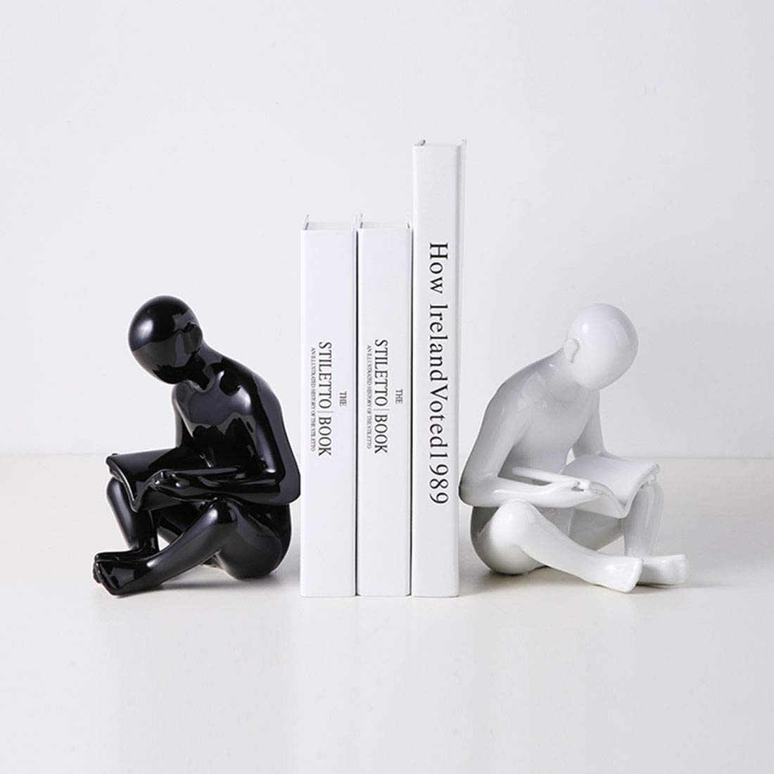 Ardax Ceramic Reading Bookend 1 Pair, Decorative Figurine Accent Piece for Home,Office,Table and Desk Decor (White and Black)