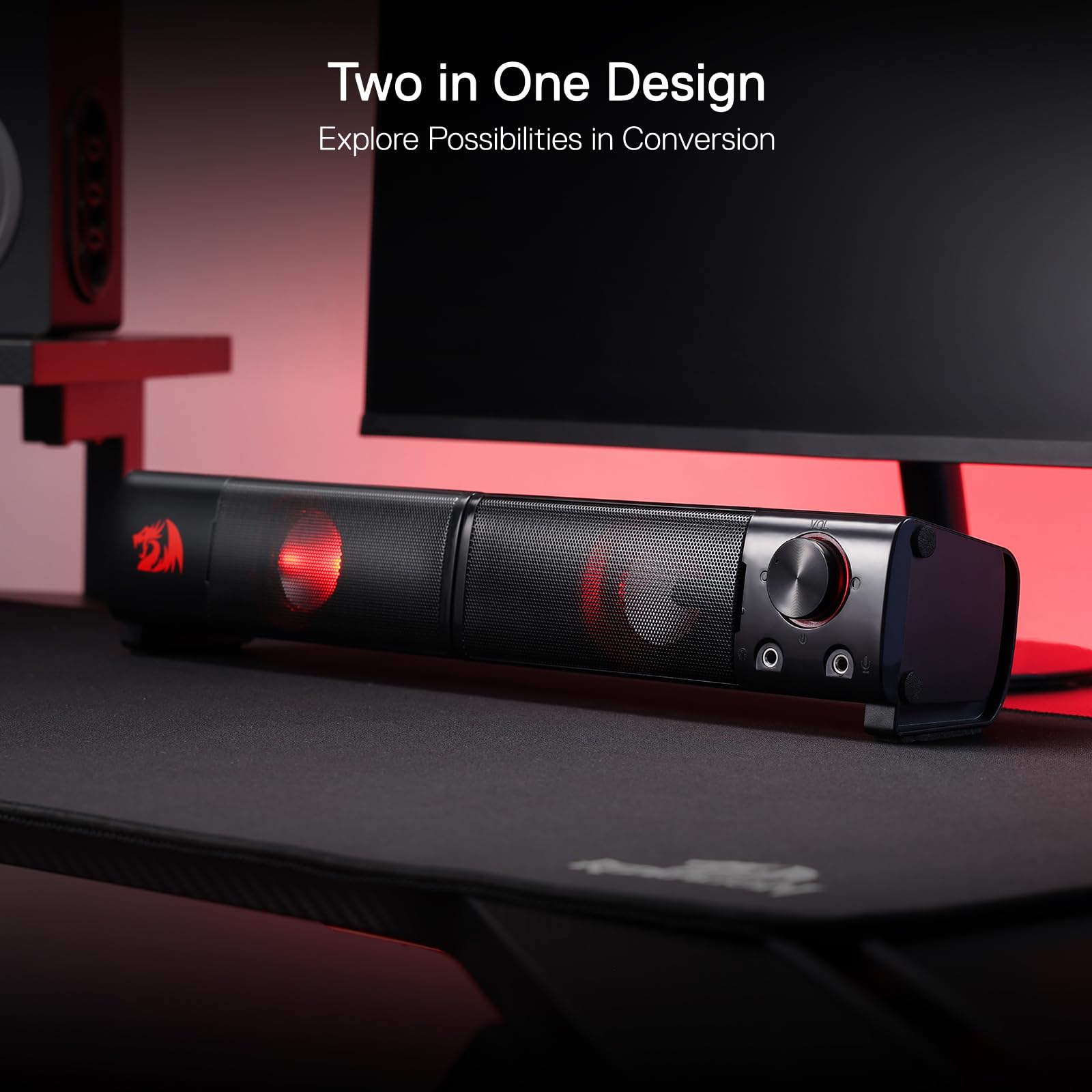 Redragon GS550 PC Gaming Speakers, 2.0 Channel Desktop Computer Sound Bar with Compact Maneuverable Size, Headphone Jack, Quality Bass & Decent Red Backlit, USB Powered w/ 3.5mm Cable