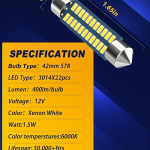 Serundo Auto 578 Led Bulb 211-2 41mm 42mm 1.65in for Car Map Light Dome Light, 6000k White Super Bright Interior Led Festoon Bulb,Pack of 4pcs