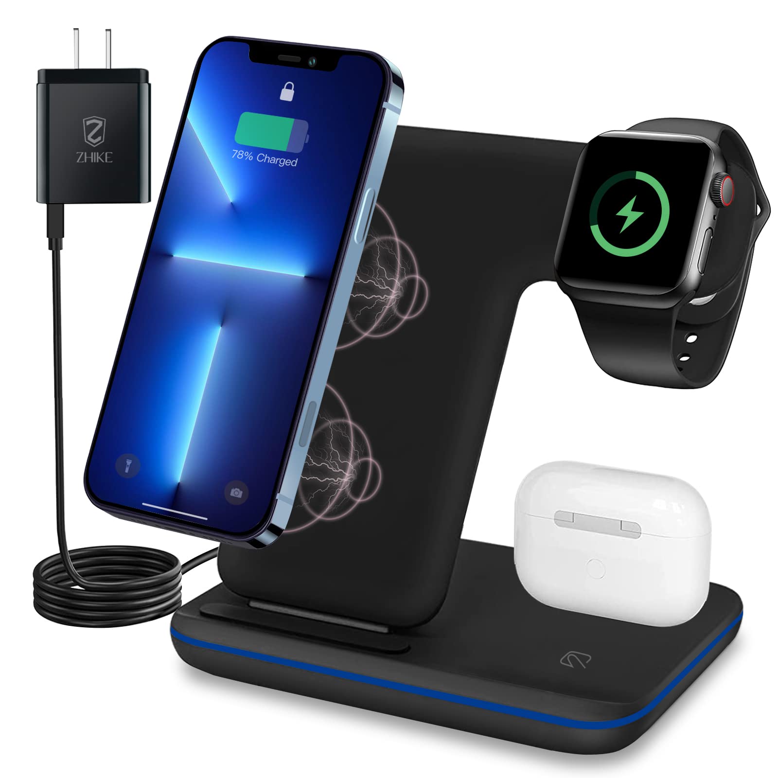 Charger Station for Apple Multiple Devices, ZHIKE 3 in 1 Wireless Charger Stand Dock for iPhone 14 13 12 11 Pro X XS 8 Plus Apple Watch Series 7 6 SE 5 4 3 2 & AirPods 3/2/Pro with Adapter